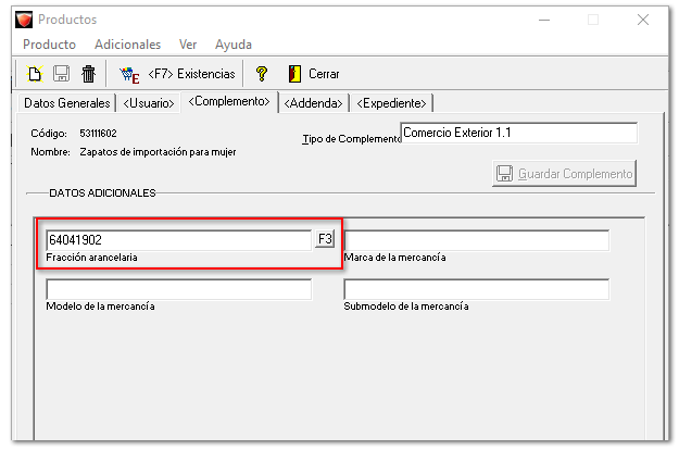 Productos con pedimentos y Complemento de Comercio Exterior