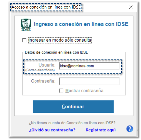 Acceso a conexión en línea con IDSE