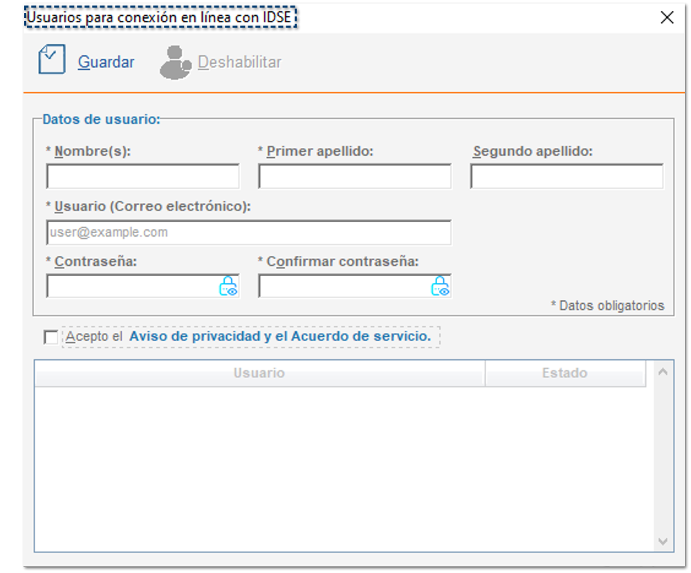 Alta de usuarios para Conexión en Línea con IDSE
