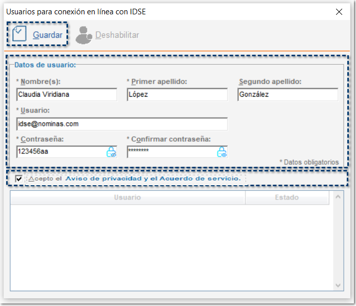 Alta de usuarios para Conexión en Línea con IDSE