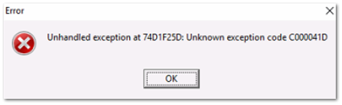Mensaje: Unhandled exception at XXXXXXX: Unknown exception code C00041D