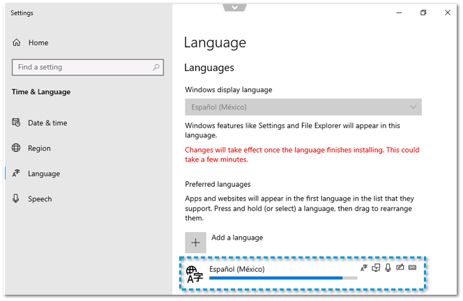 Verifica que la configuración regional sea Español de México
