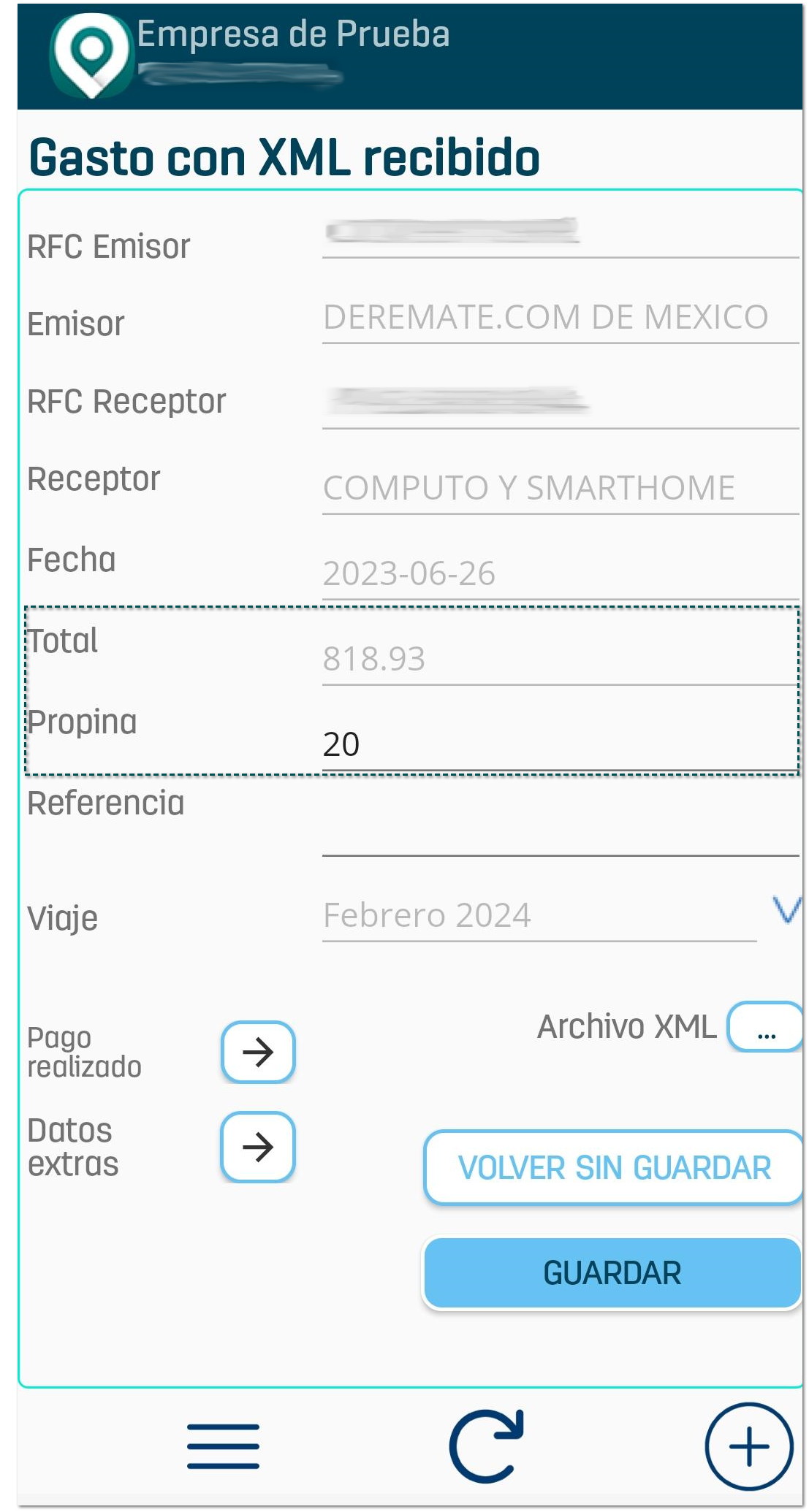 Mejora en el campo "Propina" y el "Total" contra monto pagado