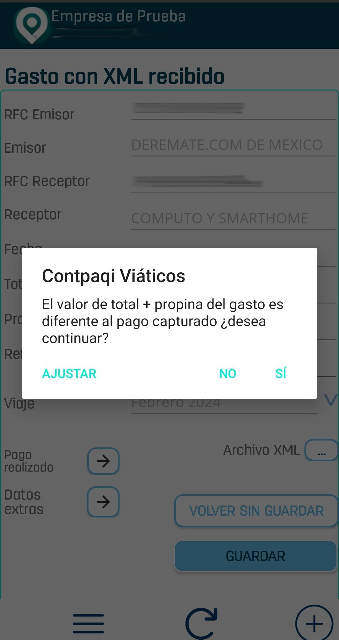 Mejora en el campo "Propina" y el "Total" contra monto pagado