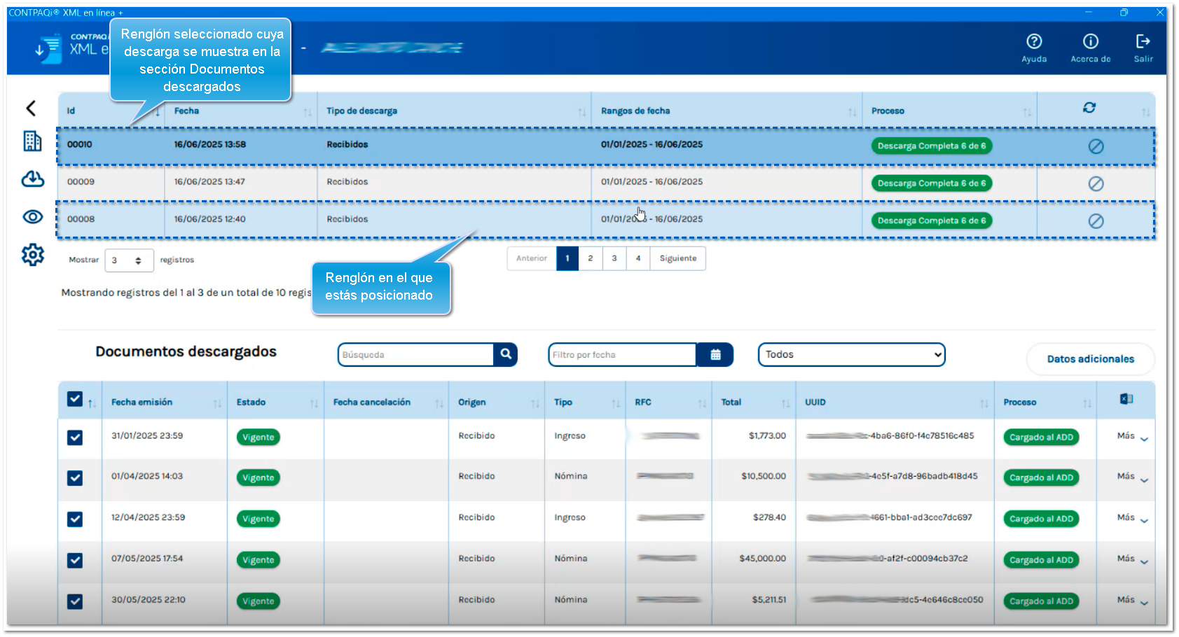 Resaltar el renglón que muestra el detalle en la sección Documentos ...
