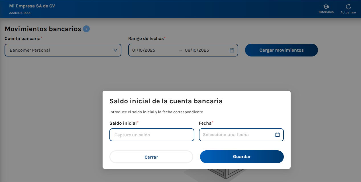Registra el saldo inicial de la cuenta bancaria