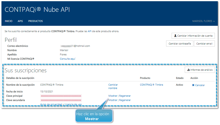 Suscripción al API o Producto